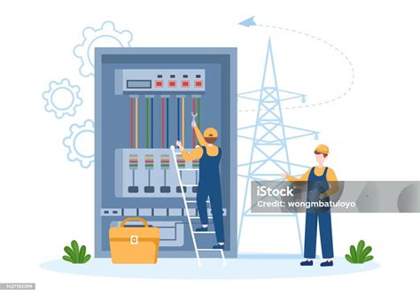 조명 및 전기 에너지 유지 보수 서비스 패널 기술자의 캐비닛 평면 만화 손으로 그린 템플릿 그림에 전기 작업 건설 산업에 대한 스톡 벡터 아트 및 기타 이미지 Istock