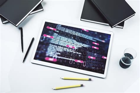 Premium Photo Modern Digital Tablet Monitor With Abstract Creative Coding Sketch Artificial