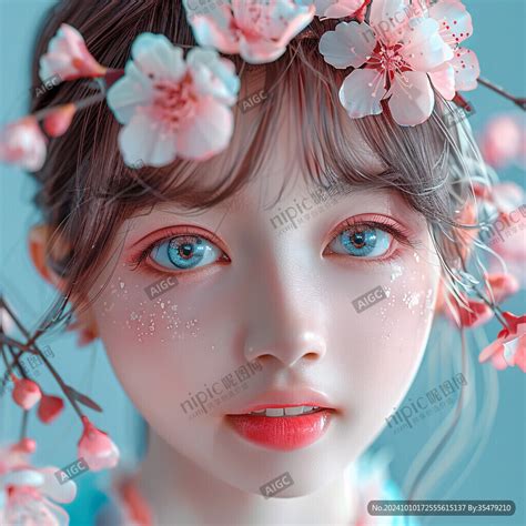 ai创作图数字美女插画 美妆少女美妆造型 桃花美人插画 写实少女 整容整形花季少女插画 人面樱花 女孩眼睛面部特写 唯美少女与花系列 写实唯美