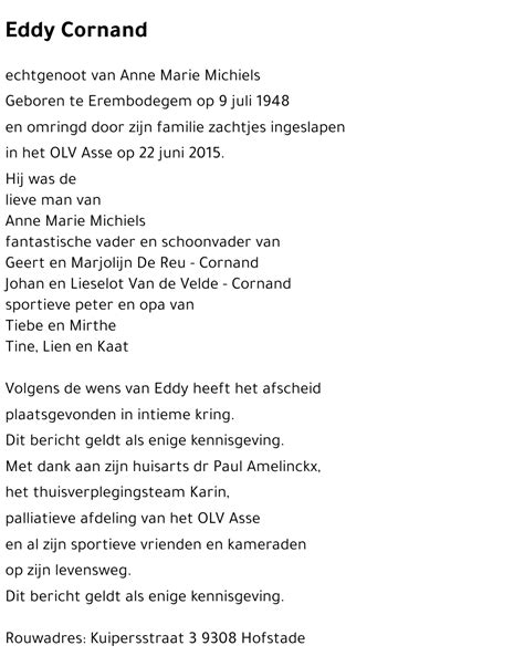 Avis De Décès De Eddy Cornand Décédé Le 22062015 à Asse Annonce Condoléances Fleurs Etc