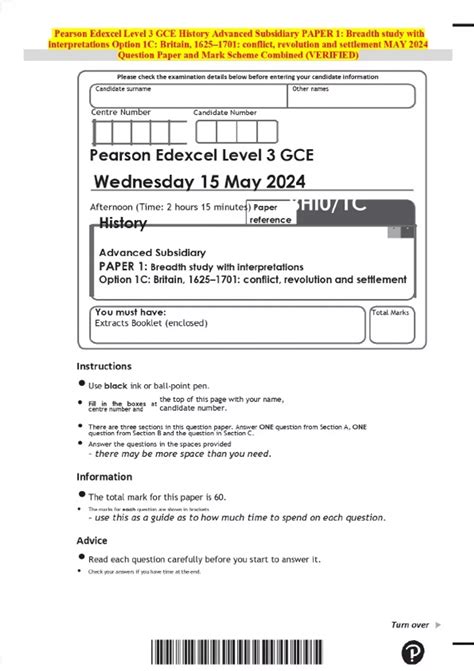 Pearson Edexcel Level GCE History Advanced Subsidiary PAPER Breadth Study With