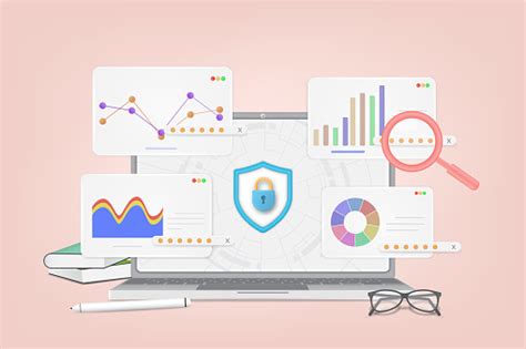 데이터 보안 액세스의 개념 노트북 화면의 쉴드는 민감한 데이터를 보호합니다 인터넷 보안 데이터 보호 데이터 보안 코셉트 3d 벡터 그림입니다 0명에 대한 스톡 벡터 아트 및