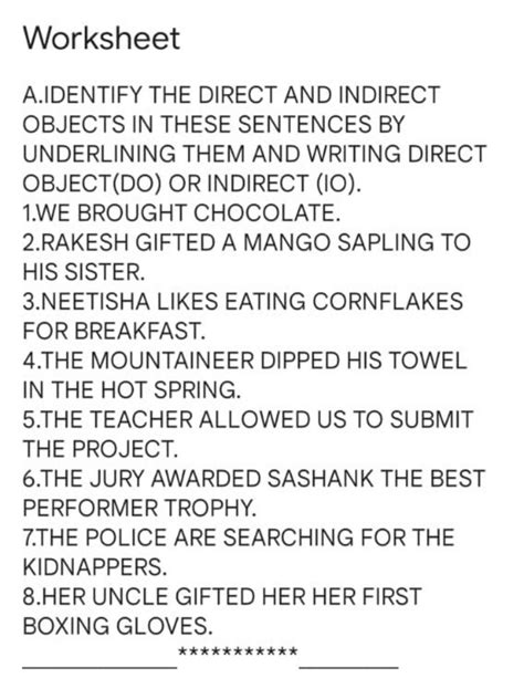 Worksheeta Identify The Direct And Indirect Objects In These Sentences B