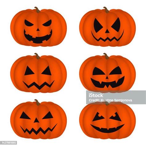 흰색 배경에 고립 된 미소가있는 오렌지색 할로윈 호박 세트 벡터 일러스트레이션 10월에 대한 스톡 벡터 아트 및 기타 이미지 10월 가을 감정 Istock