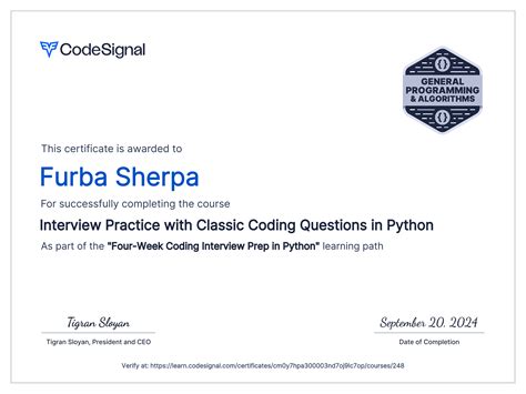 Course Certificate For Interview Practice With Classic Coding Questions In Python Codesignal Learn