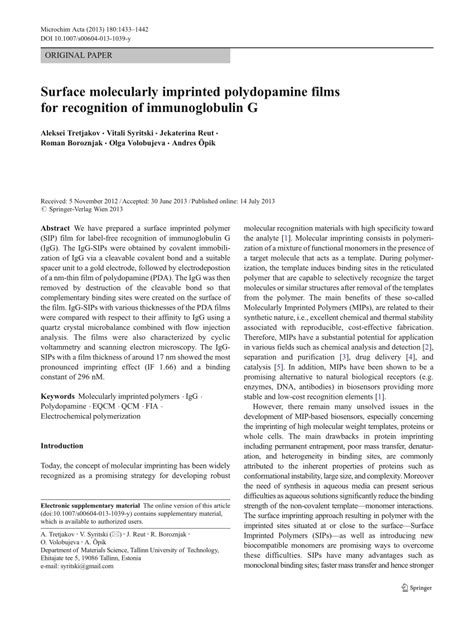 Pdf Surface Molecularly Imprinted Polydopamine Films For Recognition