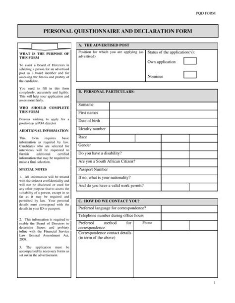 Personal Questionnaire And Declaration Form Principal Officers