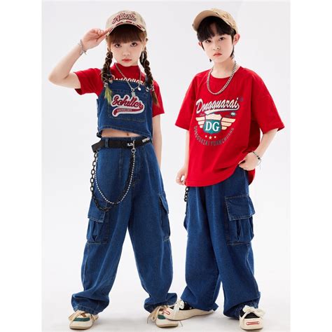 兒童hiphop街舞演出服女童jazz爵士舞牛仔背心工裝套裝造型服飾舞蹈練舞服裝男童街頭風美式寬鬆t恤嘻哈走秀表演服裝 蝦皮購物