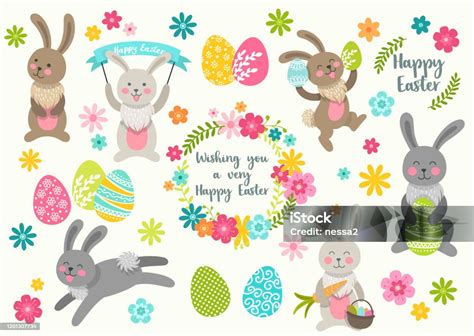 귀여운 부활절 만화 캐릭터 토끼와 디자인 요소 꽃의 집합입니다 부활절 토끼 계란과 꽃 벡터 일러스트레이션 0명에 대한 스톡 벡터