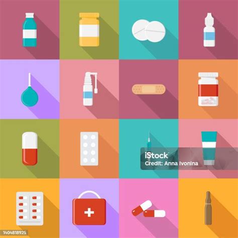 의약품 의료 용품 제품이있는 의료 아이콘 세트 알약 캡슐 주사기 항아리 관장 응급 처치 키트 비강 방울 목구멍 스프레이의 그림 벡터 메디컬 캐비닛에 대한 스톡 벡터 아트 및