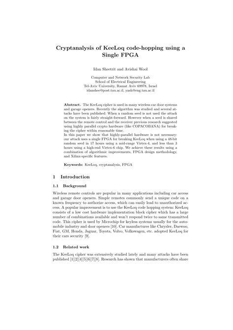 pdf cryptanalysis of keeloq code hopping using a single fpga