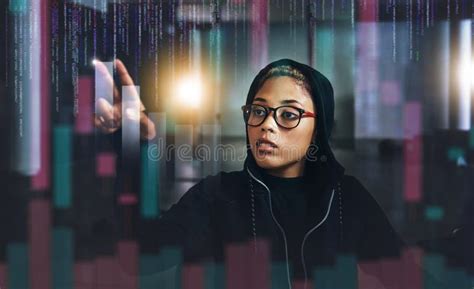 Woman Hacker And Digital Overlay At Night In Cybersecurity Programming Or Cryptocurrency At
