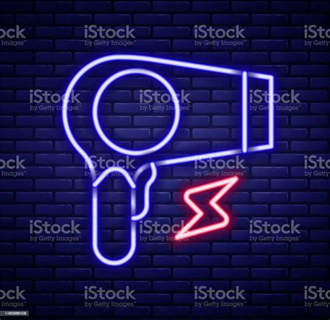 벽돌 벽 배경에 고립 된 빛나는 네온 라인 헤어 드라이어 아이콘 헤어 드라이어 기호 헤어 건조 기호 뜨거운 공기를 불어 다채로운 개요 개념 벡터 건조한에 대한 스톡 벡터