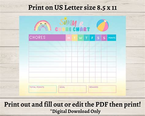 Summer Chore Chart Printable Etsy