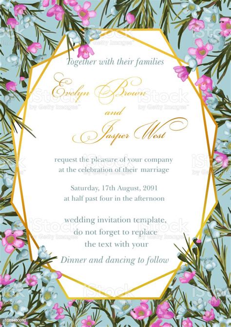 결혼식 초대 초대장 저장 날짜 카드 디자인 파란색과 분홍색 왁 스 꽃 푸른 잎 및 형상 프레임 벡터 부드러운 소박한 엽서 0명에