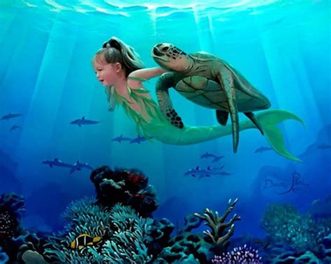 Mini Mermaid And Her Turtle By Dawn Pitre Mermaid Pictures