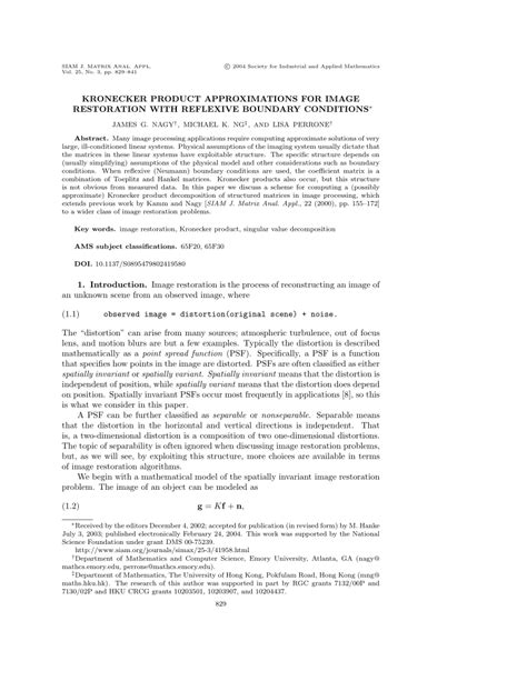 Pdf Kronecker Product Approximations Forimage Restoration With Reflexive Boundary Conditions