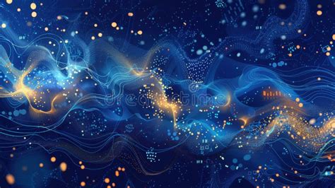 Vibrant Digital Landscape Glowing Data Flow Lines And Nodes Amidst A Deep Blue Background Stock