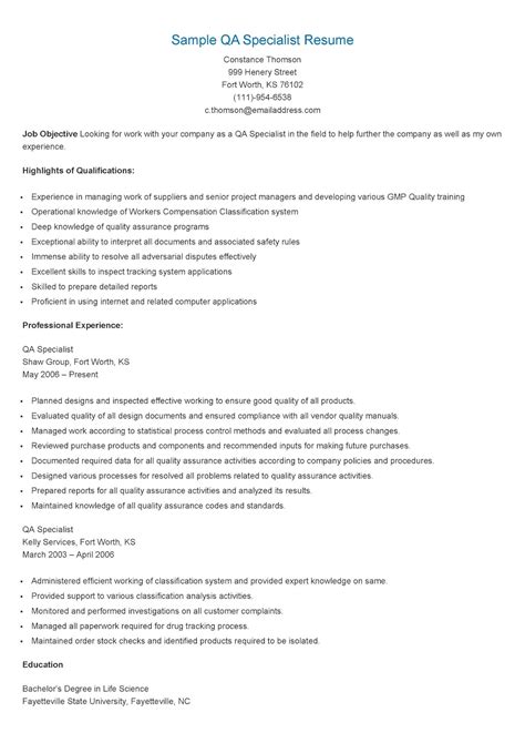 Resume Samples Sample QA Specialist Resume Resume Samples Sample QA Specialist Resume