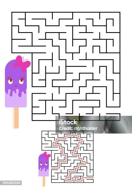 추상 사각형 미로입니다 아이 워크 시트 어린이를위한 게임 퍼즐 흰색 배경에 귀여운 아이스크림 하나의 입구 하나의 출구 미로 수수께끼 벡터 그림입니다 대답과 함께 0명에 대한