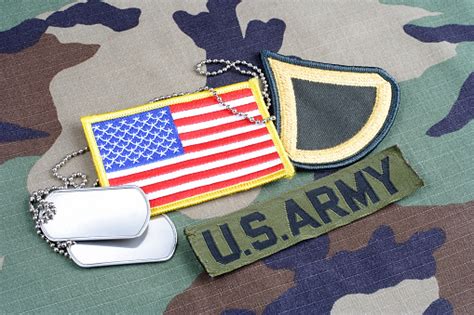 미국 육군 개인 일등 계급 패치 분기 테이프 플래그 패치 및 숲 위장 제복에 개 태그 Us 우드랜드 위장 무늬에 대한 스톡 사진 및 기타 이미지 Us 우드랜드
