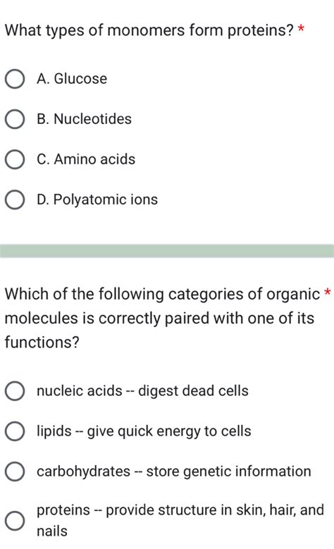 What Types Of Monomers Form Proteins A Glucose B Nucleotides C