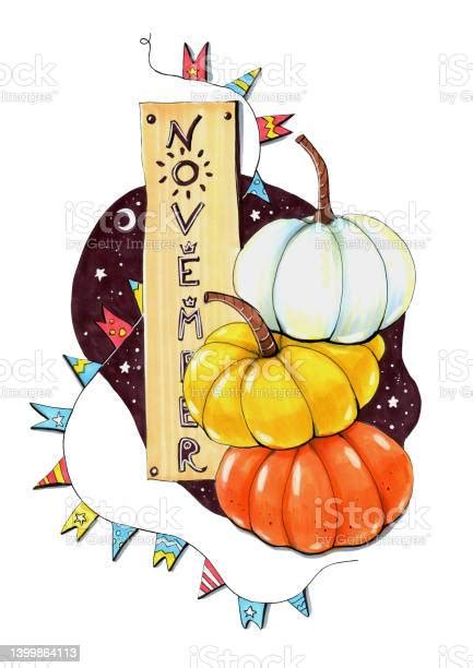 삽화 가을 테마 할로윈과 추수 감사절 밝은 호박과 깃발 장식 만화 스타일의 장식 11 월 나무 보드 엽서에 비문과 인쇄 10월에 대한 스톡 벡터 아트 및 기타 이미지
