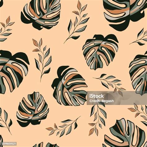 현대 열대 원활한 패턴 추상 테라코타 녹색 파스텔 손으로 그린 손바닥 베이지색에 몬스터 잎 창백한 배경 이국적인 식물 인쇄 크리에이티브 콜라주 여러 가지 빛깔의 꽃 감촉 0