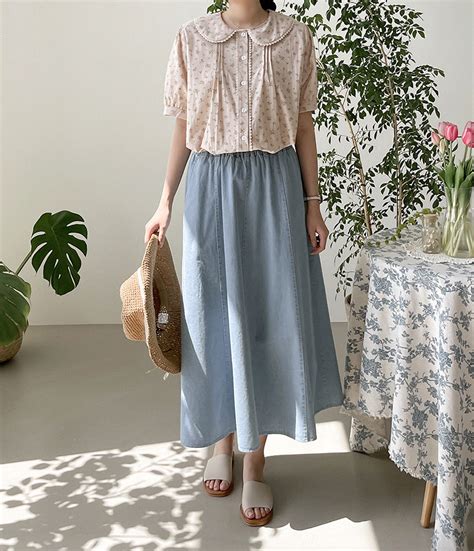 네츄럴모모 플레어 데님 밴딩 롱스커트2c