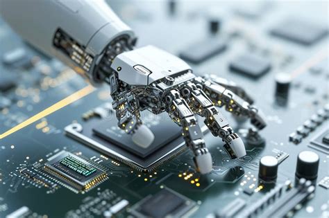 Advanced Robotic Arm Engaged In Precision Assembly Of Electronics On A Circuit Board Automation