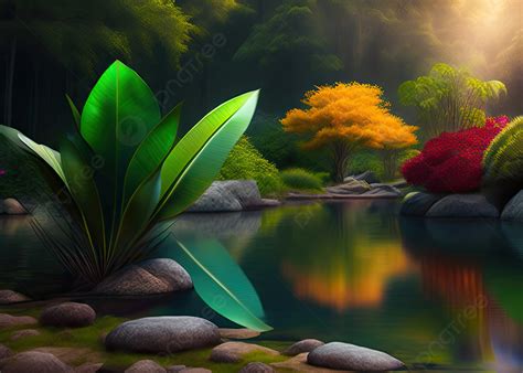 3d Render Of A Beautiful Fantasy Landscape With Pond And Trees