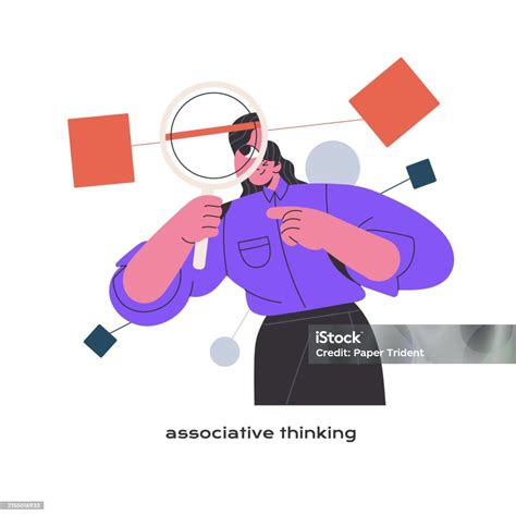연상적 사고 Mbti의 유형 분석적 인지 합리적 사고방식 심리학적 정신적 연구 돋보기를 가진 소녀는 생각 네트워크를 탐구합니다 흰색에 평평한 고립 된 벡터 그림 Mental
