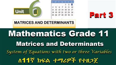 Mathematics Grade 11 Unit 6 Part 3 Matrices And Determinants System Of Equations ለ11ኛ