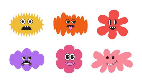 벡터 만화 얼굴 추상 디자인 마스코트 Y2k 스티커 및 배지 행복하고 화난 표정 스티커 및 다른 얼굴 표정을 가진 아이콘 1960 1969 년에 대한 스톡 벡터 아트 및