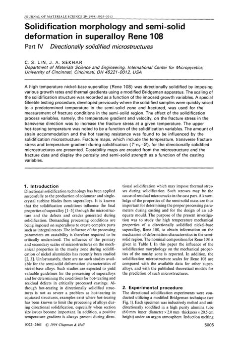 Pdf Solidification Morphology And Semi Solid Deformation In Superalloy Rene 108 Part Iv