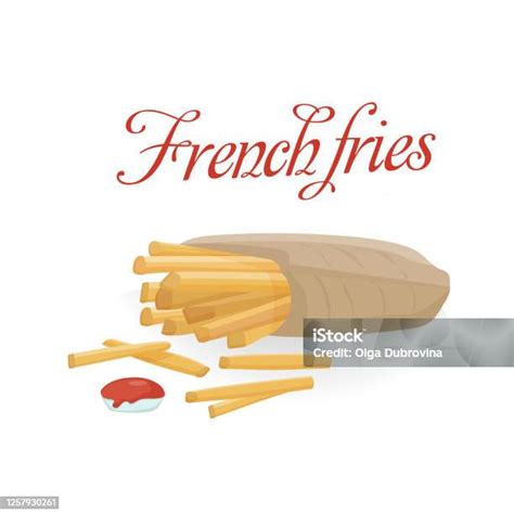 패스트 푸드 감자 튀김 크래프트 포장의 직사각형 슬라이스 소스케첩 메뉴 및 포장 설계를위한 길거리 음식의 벡터 일러스트레이션 감자 요리에 대한 스톡 벡터 아트 및 기타