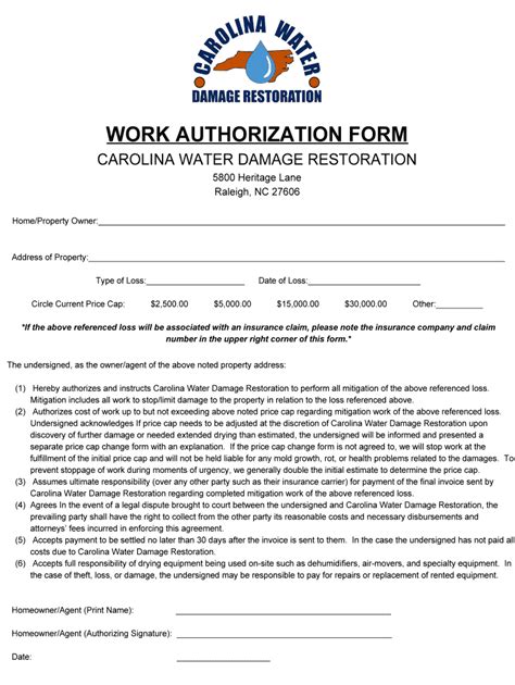 Water Restoration Work Authorization Complete With Ease Airslate Signnow