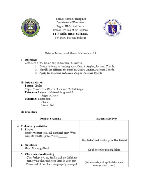 Lesson Plan Theorems Of Arcs Pdf Circle Perpendicular