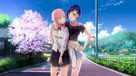 Darling In The Franxx Zero Two Ichigo With Background Of Tree With Pink Flowers Mountain Blue