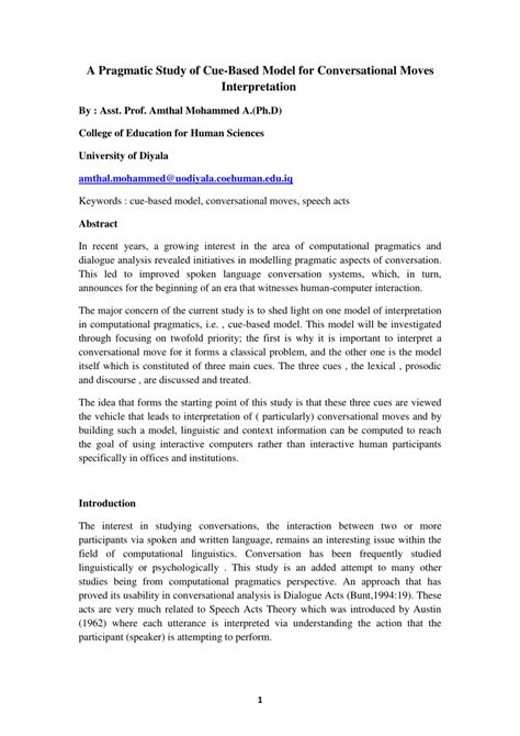 PDF A Pragmatic Study Of Cue Based Model For Conversational Moves Interpretation