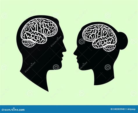 Brain Convolutions In Male And Female Black Human Head Silhouette Flat Vector Illustration