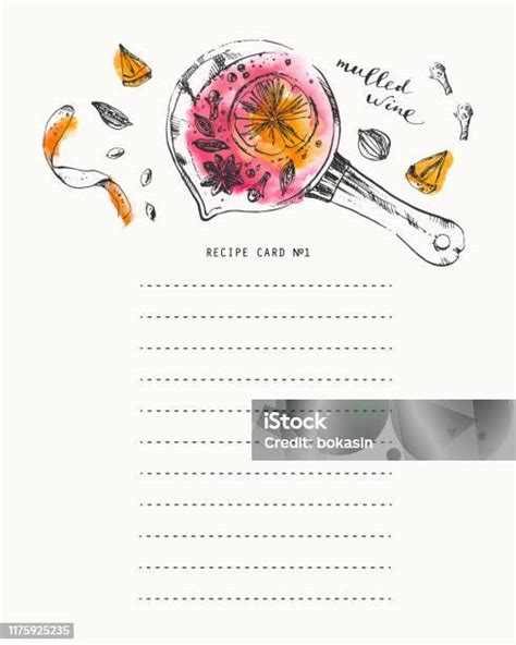 잉크와 수채화 Mulled 와인 레시피 재료 일러스트와 조리법 카드 템플릿 수채화에 대한 스톡 벡터 아트 및 기타 이미지 수채화 오렌지 감귤류 과일 요리책 Istock