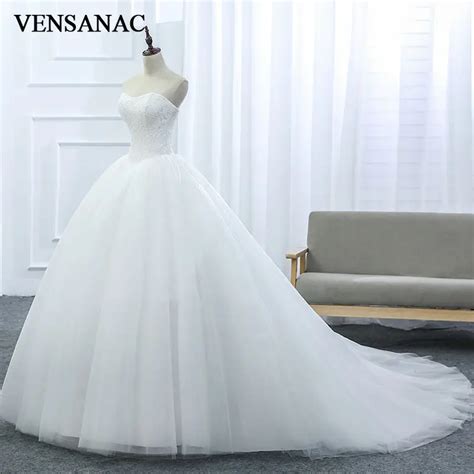 Vensanac 자수 끈 없는 튤 볼 가운 웨딩 드레스 심플한 코트 트레인 신부 가운wedding Ball Gownswedding Dressdress Wedding
