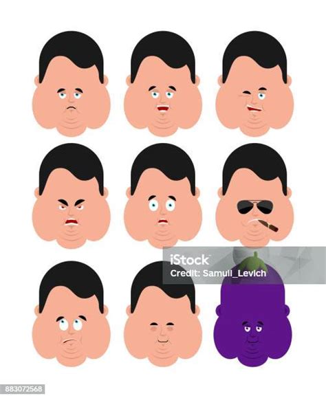 지방 감정 아바타를 설정합니다 슬 프 고 화난 얼굴입니다 죄 책 감을 하 고 자 고 뚱뚱한 남자 Emoji 얼굴을 자 고입니다 웨어의 가지 벡터 일러스트 레이 션 과체중에