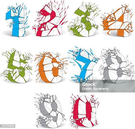 set of 3d vector colorful wireframe numbers broken into fragments向量圖形及更