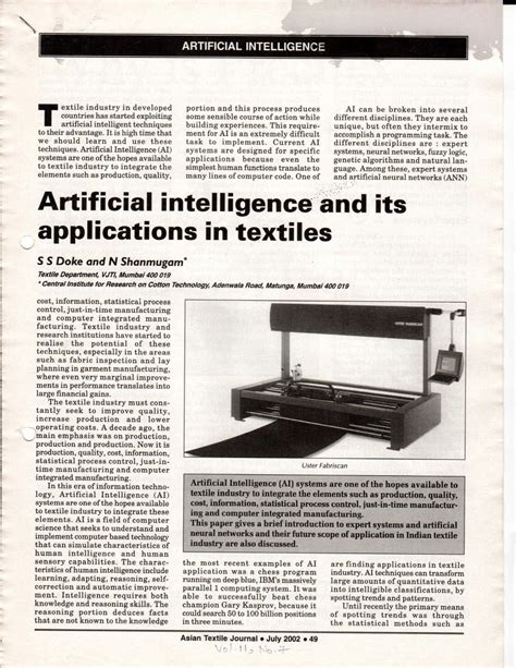Pdf Artificial Intelligence And Its Applications In Textiles