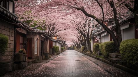 한 나라에서 꽃이 만발한 나무가 늘어선 거리 벚꽃이 만발한 거리 고화질 사진 사진 공장 배경 일러스트 및 사진 무료 다운로드 Pngtree