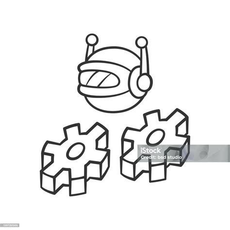 작업 봇 선형 아이콘입니다 톱니바퀴가 있는 옵티마이저 로봇 Ai 인공 지능 기계 학습 가는 선 그림입니다 등고선 기호입니다 벡터 절연 윤곽선 도면 편집 가능한 스트로크 가상