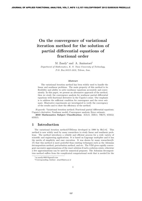 Pdf On The Convergence Of Variational Iteration Method For The