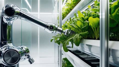Automated System With Robotic Arm Farming In Indoor Vertical Farm Stock Illustration